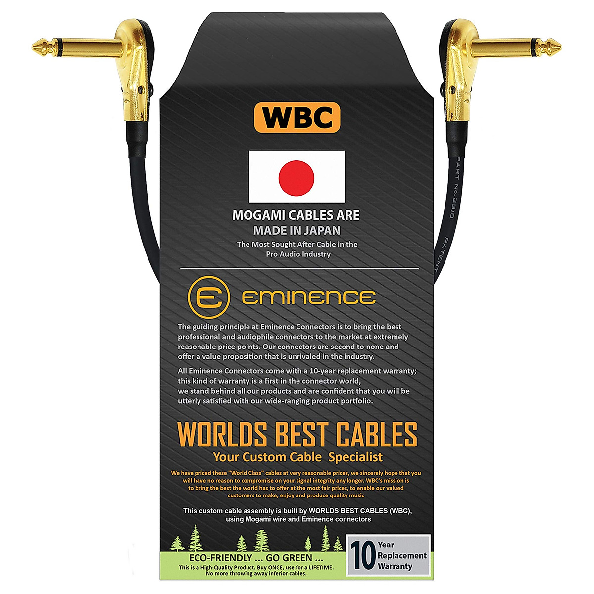 WORLDS BEST CABLES 10 Inch - Pedal, Effects, Patch, Instrument Cable Custom Made Made Using Mogami 2319 Wire and Eminence Gold Plated ¼ inch (6.35mm) R/A Pancake Type Connectors