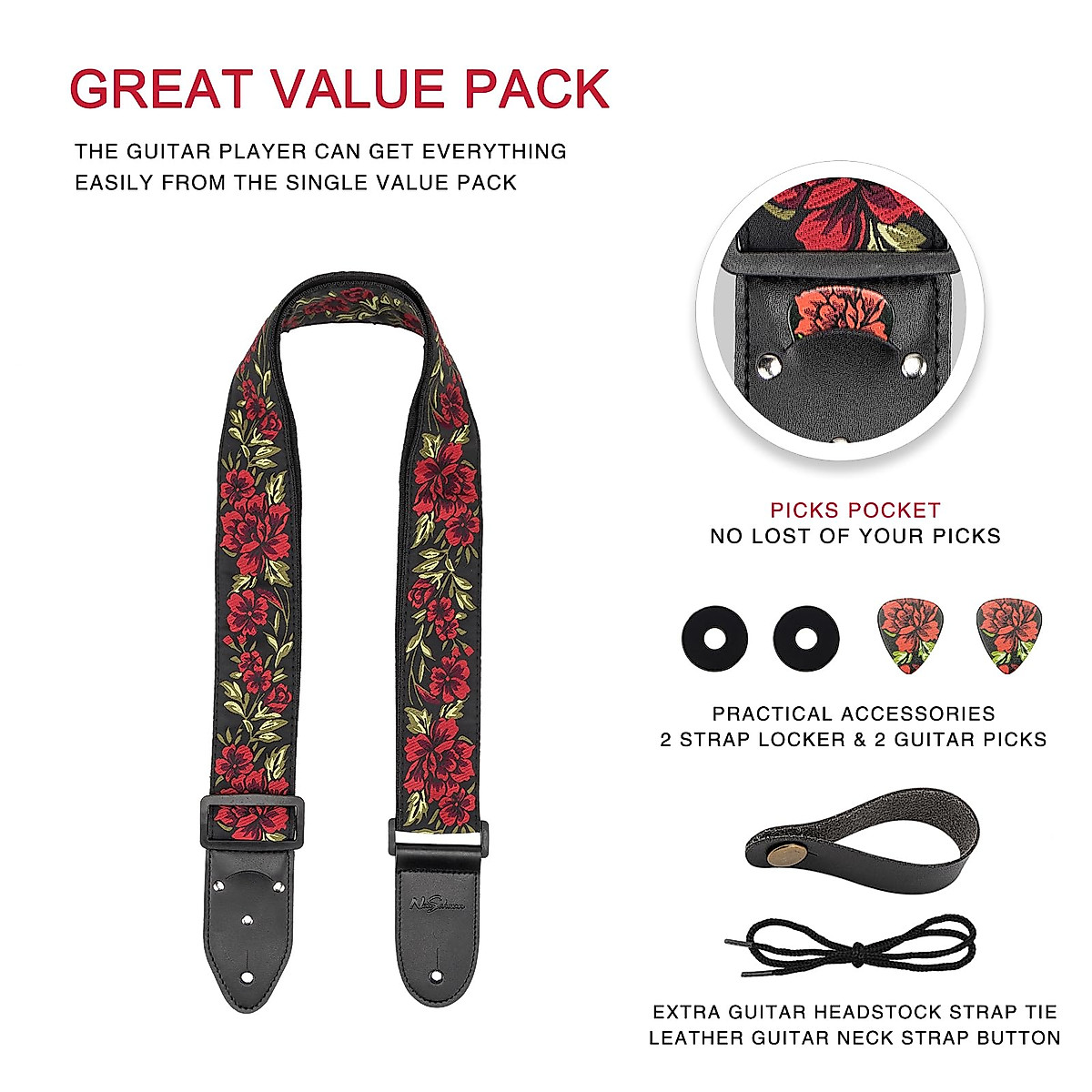 Adjustable Guitar Strap for Electric/Acoustic Guitar/Bass, Includes 2 Picks + Strap Locks + Strap Button, Cotton Jacquard Embroidered Genuine leather Ends Guitar Straps with 1 Pick Holder, Rose