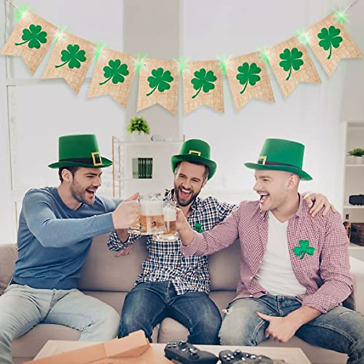 St. Patrick's Day Banner Decorations Shamrock Burlap Banner with Green String Lights Clover Irish Garland Flags for St. Patrick's Day Party Decor