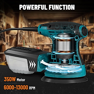 DOVAMAN ROS01A Orbital Sander, 3A Random Orbit Sander, 6 Variable Speeds, Up to 13000 rpm, 12pcs Sandpapers, 5in Sanding Pad, Dust Collection, Electric Sander Perfect for Woodworking