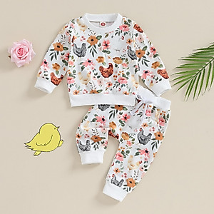 Kaipiclos Baby Girl Fall Winter Clothes Halloween Outfit Floral Pumpkin Print Sweatshirt Long Sleeve Shirt Tops Jogger Pants (Chicken print, 2-3 Years)