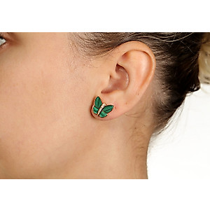 Green Malachite and Cubic Zirconia Butterfly Stud Earrings in 925 Sterling Silver with Yellow Gold Plating with Friction Back by Lavari Jewelers