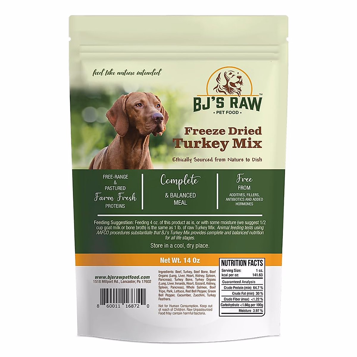 BJ's Raw Pet Food Freeze Dried Turkey Complete Mix High Protein Nutritious Meal for Optimal Health Made in USA, 14-Ounce