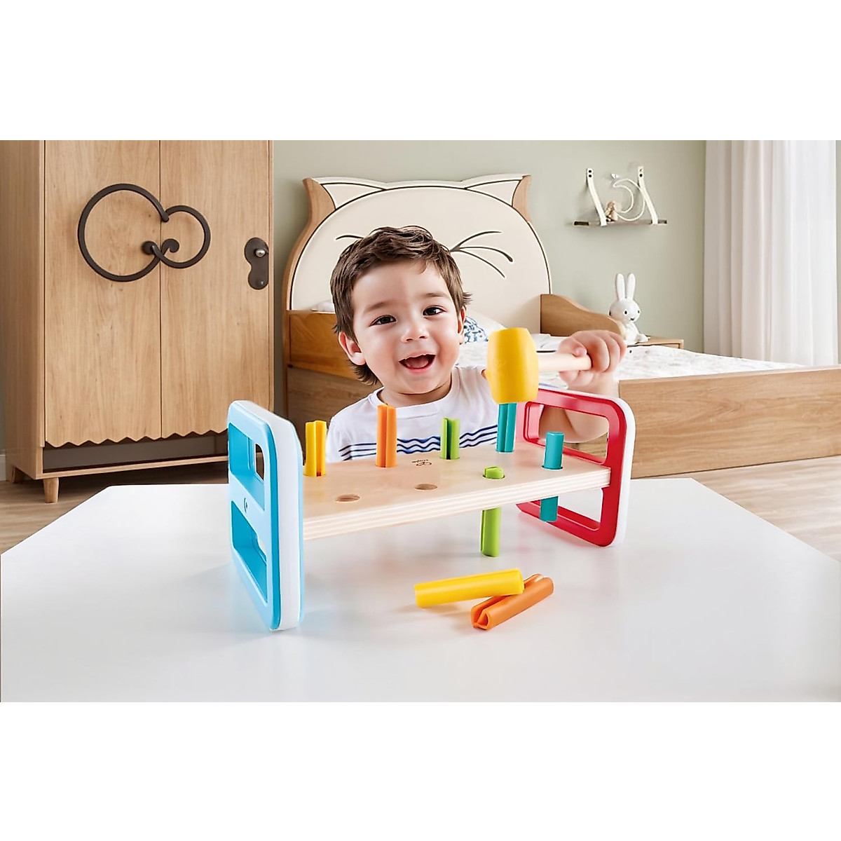 Hape Rainbow Pounder| Pounding Bench Wooden Toy with Hammer Blue, Red, Orange, Green, Yellow, Wood, L: 9.1, W: 4, H: 4.2 inch