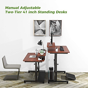 Eureka Ergonomic Mobile Standing Desk 41 Inch, Lockable Home Office Height Adjustable Computer Desk PC Table with Hutch, Teak Top