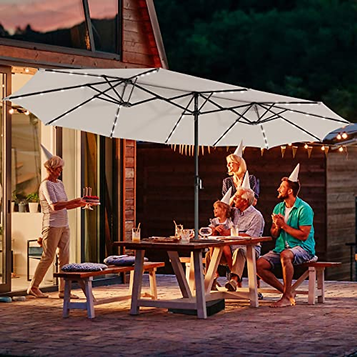 Giantex 15ft Large Outdoor Umbrella Double-Sided, 48 Solar Lights, Auto-Charging Solar Panel, Extra Large Patio Umbrella with Base and Crank, Outdoor Market Umbrellas for Poolside Garden (Beige)