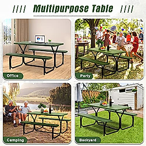 BETELNUT Picnic Table Bench Set Patio Camping Table with All Weather Metal Base and Plastic Table Top Outdoor Dining Garden Deck Furniture (Green)
