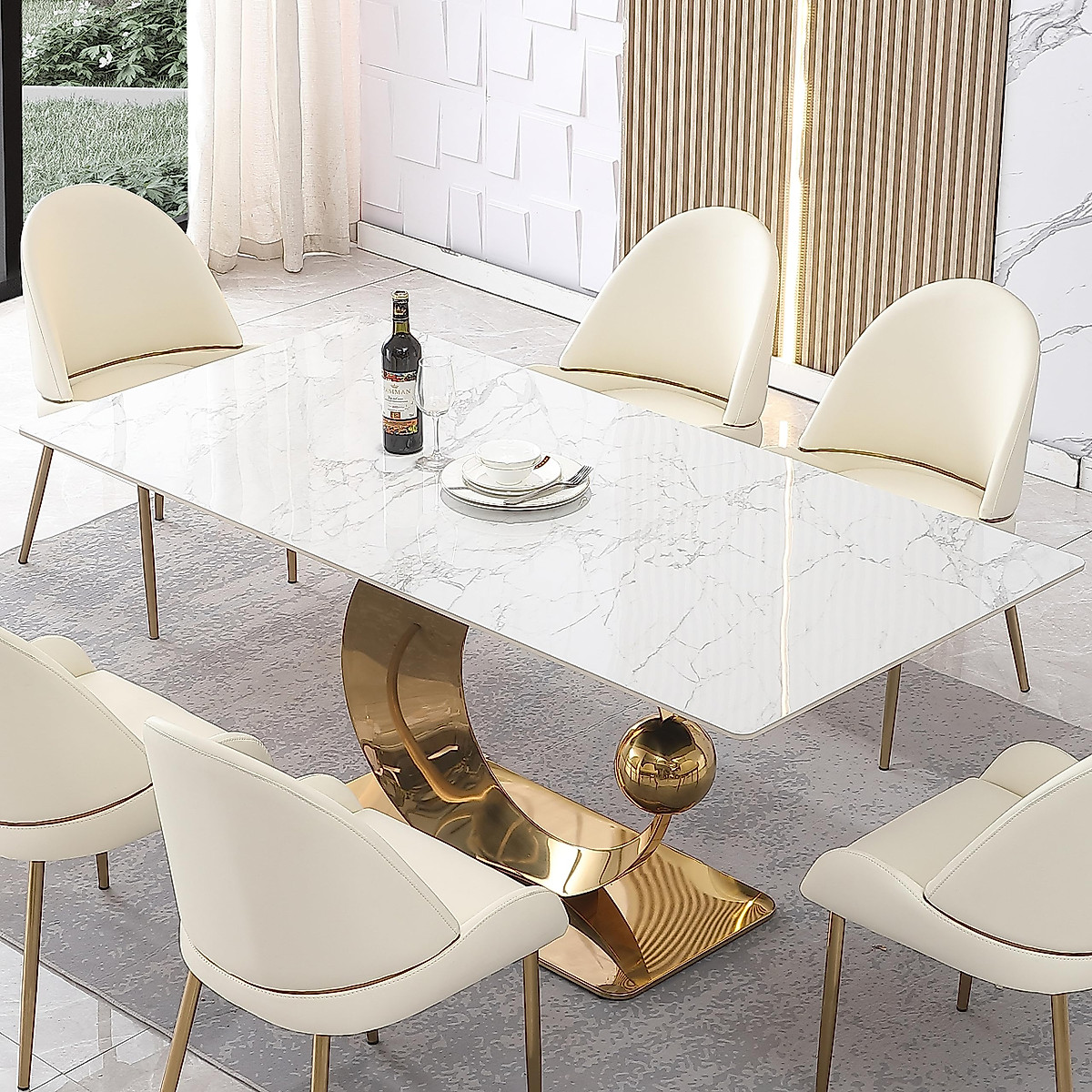 Montary 71” Artificial Marble Dining Table for 6-8 Seat, Modern Rectangle Dining Room Table with Gold Shaped Circle Stainless Steel Base, Sintered Stone Dining Table (Only Table)