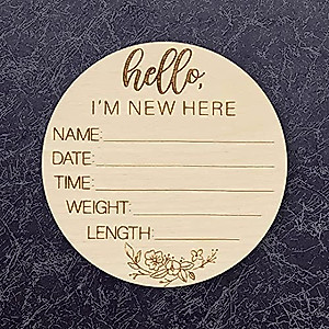Wooden Newborn Welcome Sign - Hello I’m New Here Baby Name Sign - Round Baby Announcement Sign for Hospitals - Infant Arrival Stat Sign - 4.75 Inches Long & Wide with 3mm Thickness