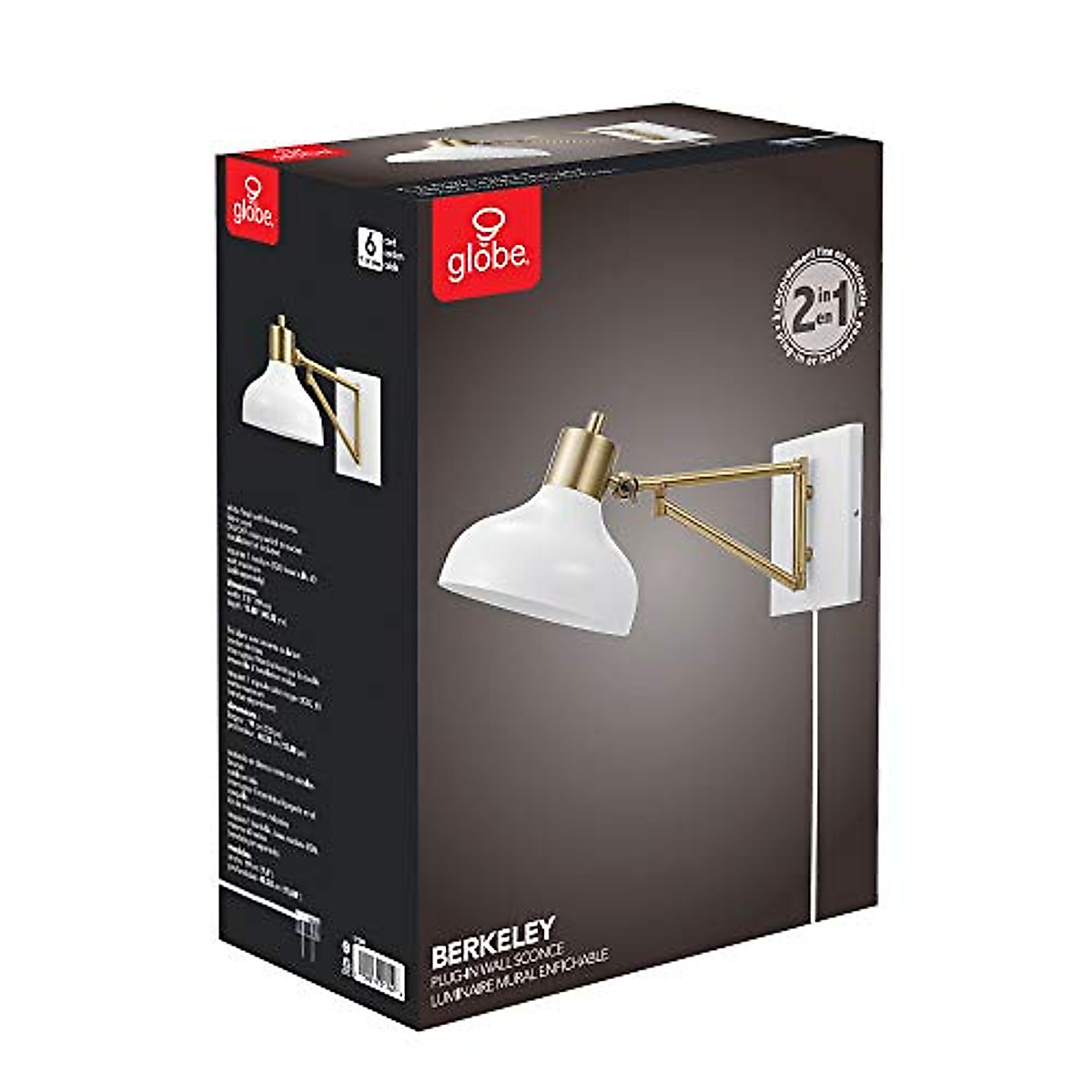 Globe Electric 51344 1-Light Plug-in or Hardwire Swing Arm Wall Sconce, White, Brass Accents, White Cloth Cord, Wall Lighting, Wall Lights for Bedroom, Kitchen Sconces Wall Lighting, Home Décor