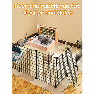 4 in 1 Rabbit Hay Feeder with Litter Box Bowls & Water Feeder, Safe Wooden Bunny Feeder Manger, Hay Holder Rack Toilet for Guinea Pig Hamster Small Animals