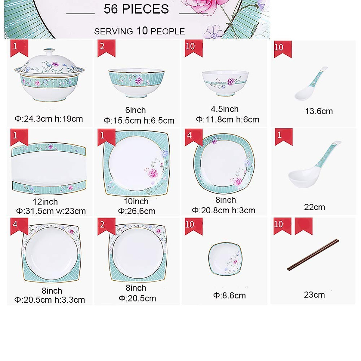 Pottery tableware,Dinnerware Set, Dishes/Plate/Bowl/Cup Set, Fine Bone China Dinnerware Sets, Collection Ceramic Dinner Sets, Christmas Dinnerware, Kitchen Sets for Home,56pcs Square Service for