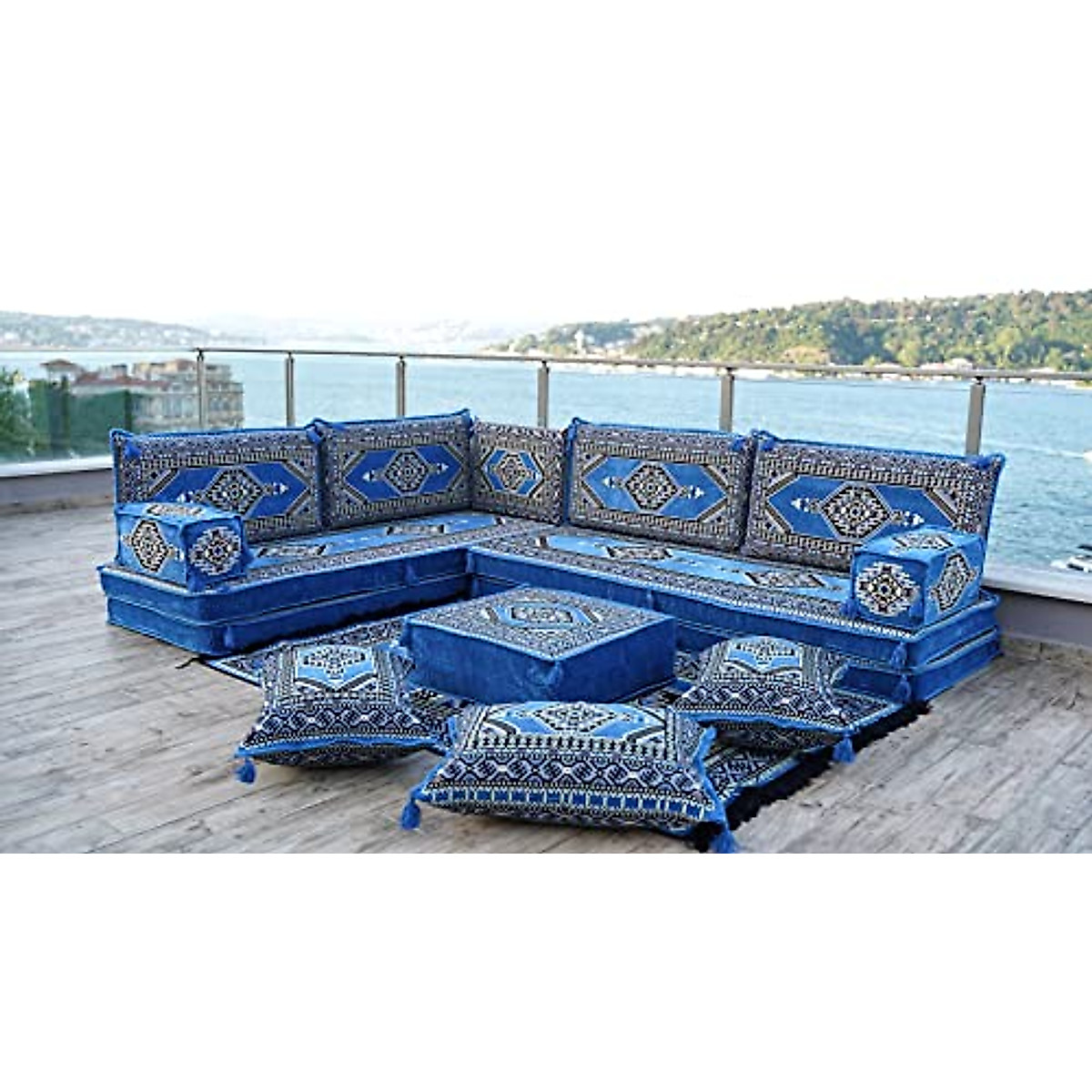 Blue Premium Arabic Seating, Handmade Floor Couches, Sectional Sofas, Turkish Floor Sofas, Moroccan Livingroom Sofas, Arabic Majlis, Sofa Slipcovers, Living Room Furniture (L Sofa Full Set)