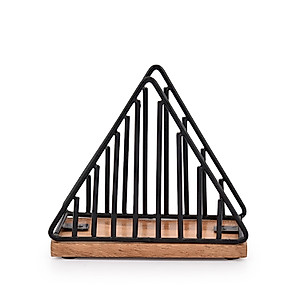 EDHAS Iron Triangle Design Black Napkin Holder with Mango Wood Base for Tables, Countertop, Kitchen & Dining Room Décor (6" x 3" x 5.5")