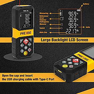 PREXISO Laser Measure, 265Ft Rechargeable Laser Distance Meter with Multi-Measurement Units M/in/Ft, Backlit LCD 4 Line Display, and Pythagorean, Distance, Area, Volume Modes