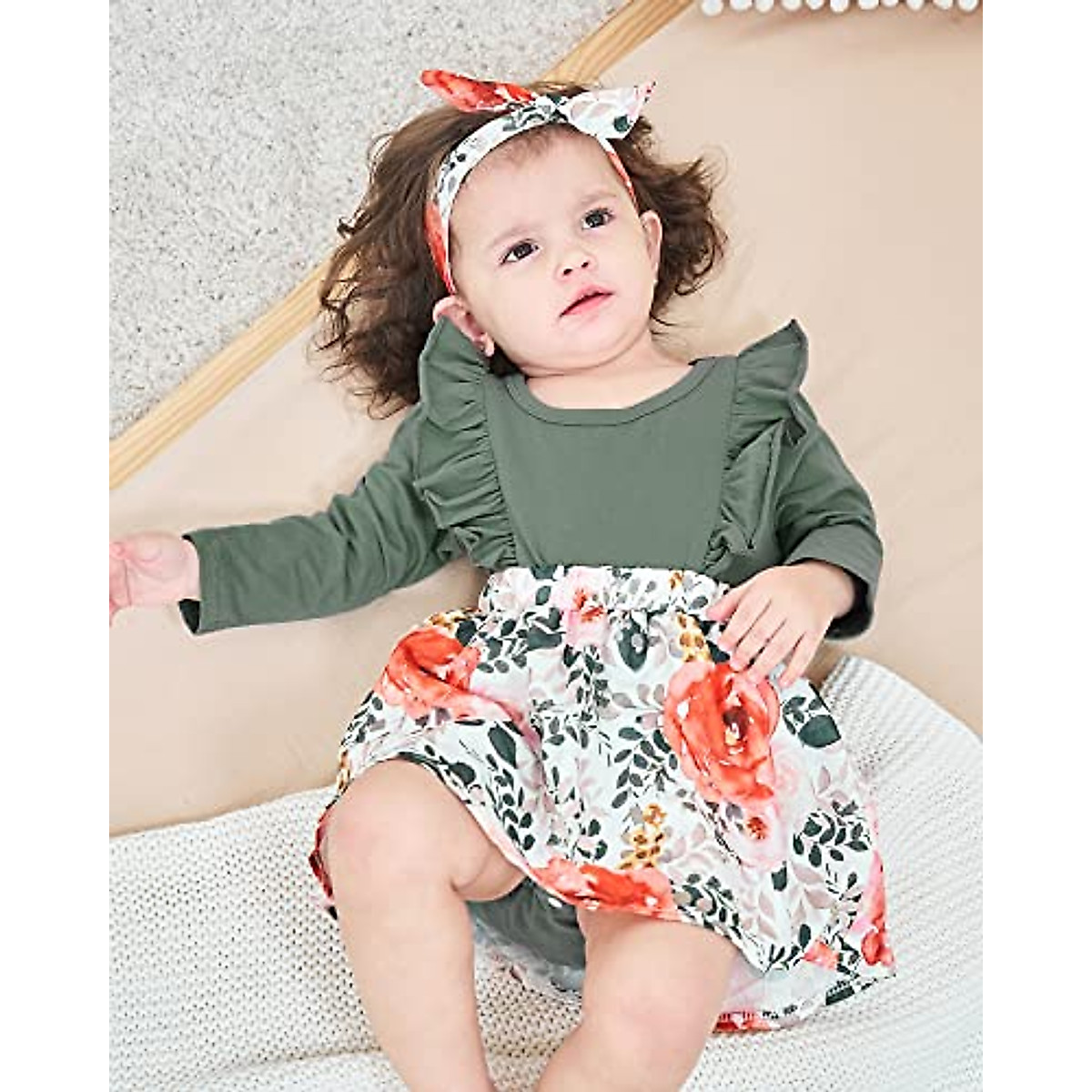 OLLUISNEO Newborn Baby Girl Dress Infant Romper Outfits Ruffle Long Sleeve Dresses Baby Green Dress Fall Baby Girl Clothes 0-3 Months