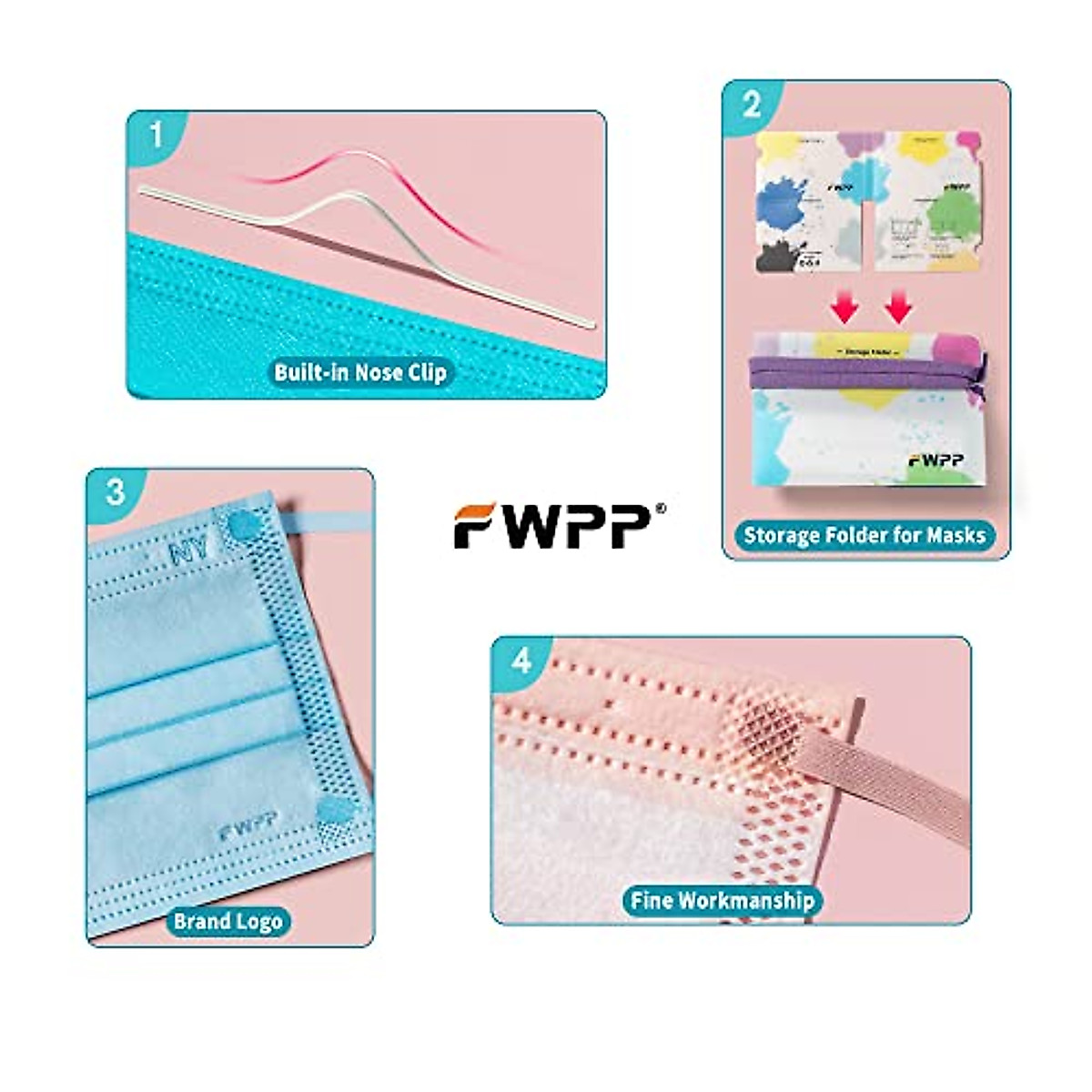 FWPP Adult 4 Ply Disposable Face Masks, Comfortable Elastic Ear Loop Face Mask, Breathable Non-woven Fabric Grey, Individually Wrapped Pack of 50