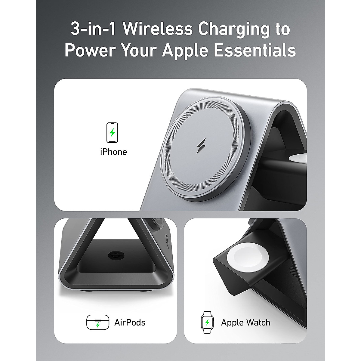 Anker MagSafe Charger Stand, 737 MagGo Charger, 3-in-1 Charging Stand with MFi-Certified 15W Max Fast Charging, iPhone 15/14/13/12 Series, Apple Watch S8/7/6, AirPods, 30W USB-C Charger Included