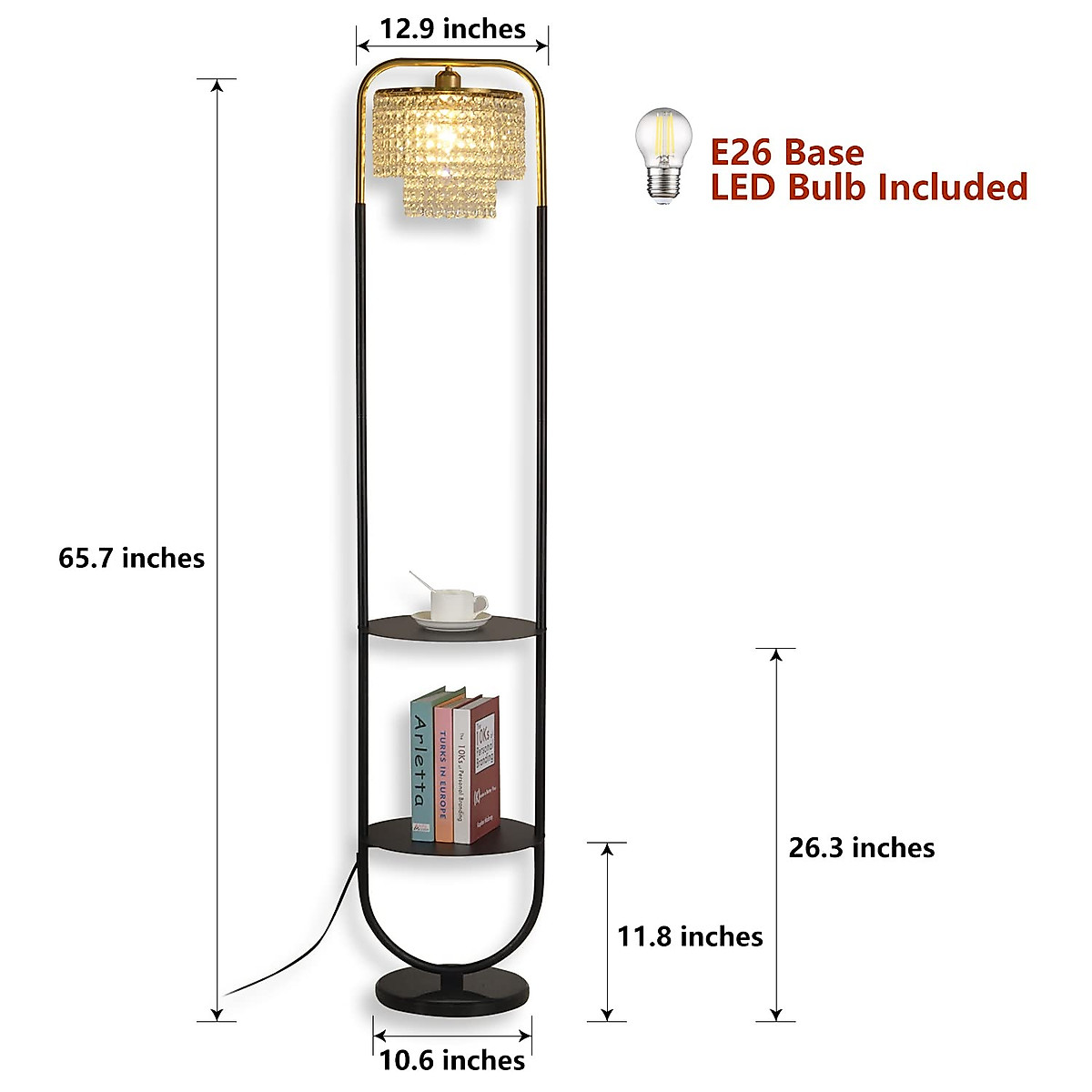 beaysyty Modern Elegant with Double Tray Crystal Floor Lamp for Office Cafe Den Living Room Bedroom,Foot Switch and Black Finish,Crystal Lampshade Arc Floor Lamp