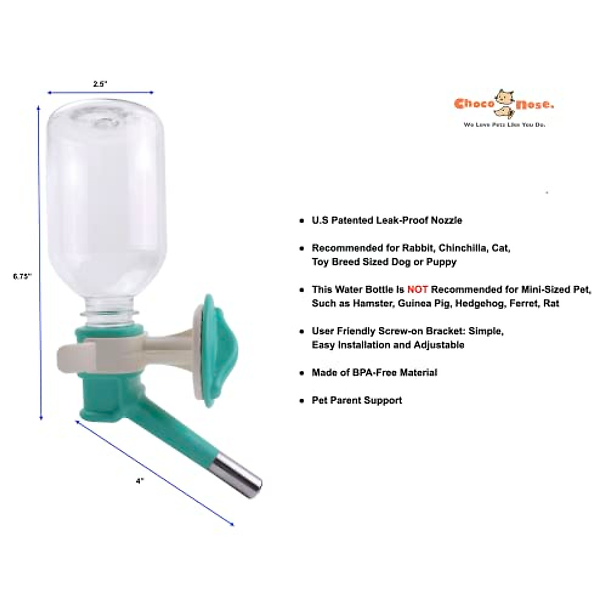 Choco Nose Patented No-Drip Water Bottle/Feeder and Detachable Food Dish Set for Puppies/Toy Breed Dogs/Rabbits/Cats/Chinchillas and Other Small Pets and Animals 300ML. Nozzle 13mm, Aqua(C528 C607)