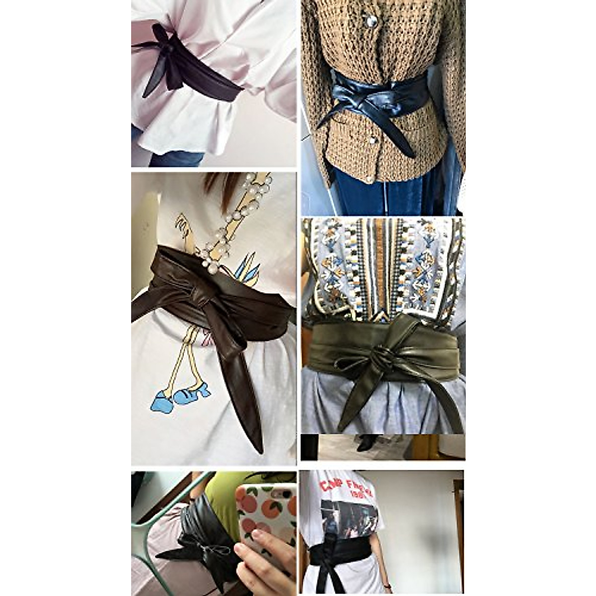 Aecibzo Women's PU Leather Self Tie Wrap Around Obi Waist Band Cinch Boho Belt (Brown, Fit waist 22”-34.5”)