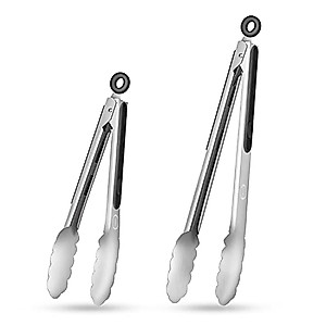 TACGEA Stainless Steel Kitchen Tongs, Silicone Non-slip Grip, Locking Grilling Food Tongs Set of 2, 9-inch & 12-inch