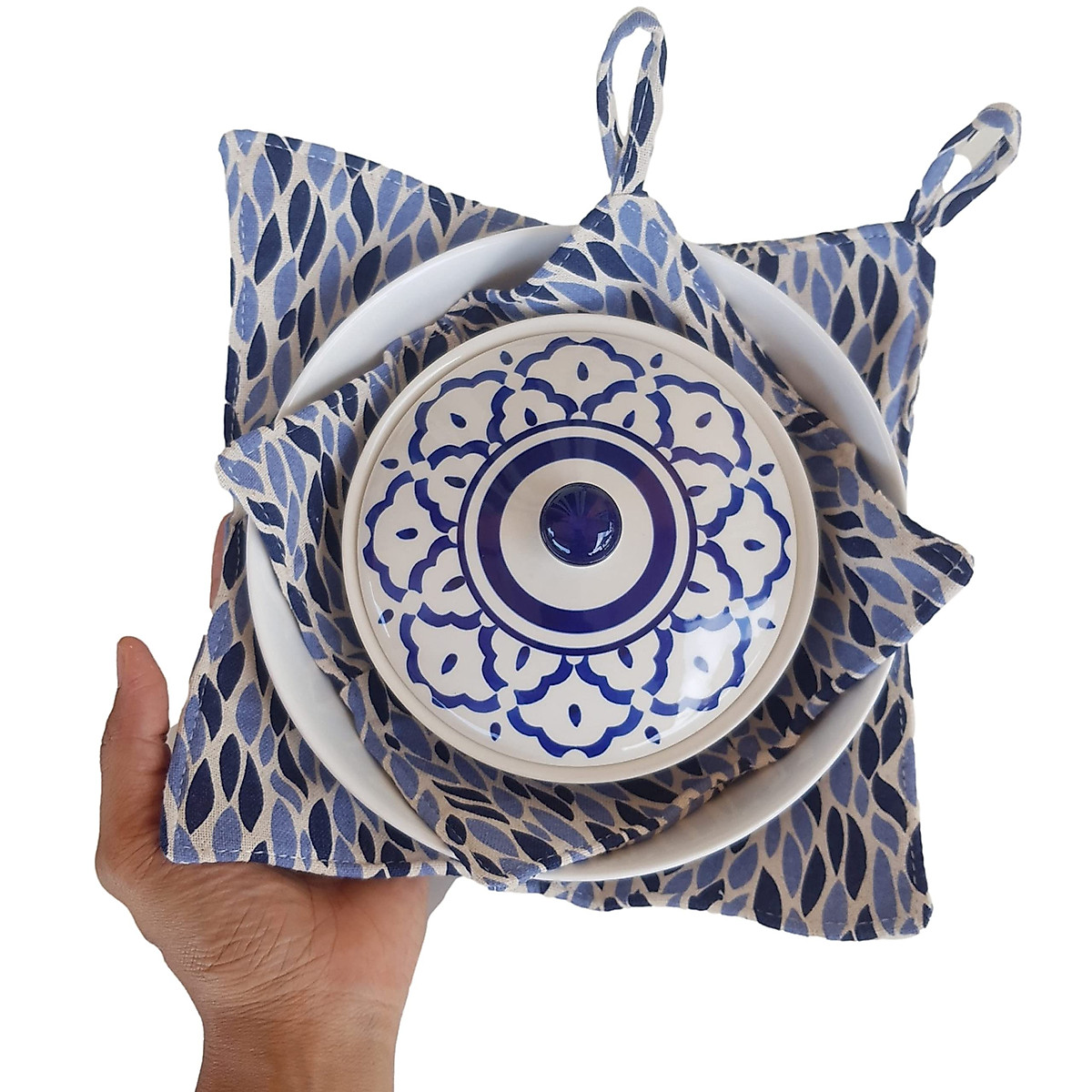 CUSHYSTORE 2 Bowl Cozies Cotton Holders Heat and Cold Resistant Anti-Scalding Protector 8.5" Large 7.5" Small - Navy Leave