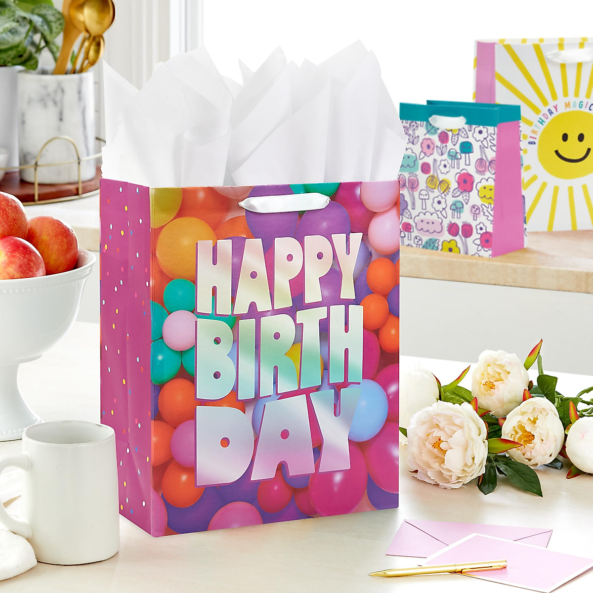 Hallmark Assorted Birthday Gift Bags (8 Bags: 3 Small 6", 3 Medium 9", 2 Large 13") Smiling Sun, Balloons, Cute Flowers and Plants