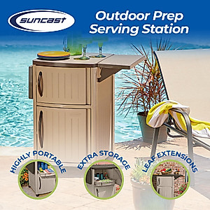 Suncast DCP2000 Portable Outdoor Patio Backyard Grilling Entertainment Serving Prep Station Table with Cabinet Storage and Drop Leaf Extensions, Beige