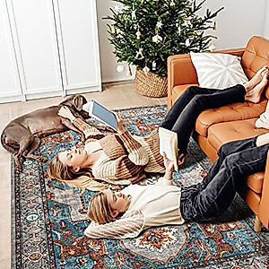 3x5 Area Rug for Living Room Bedroom: Large Washable Rug with Non-Slip Backing Non-Shedding Stain Resistant, Farmhouse Rug, Carpet for Dining Room Nursery Home Office Indoor Grey/Teal