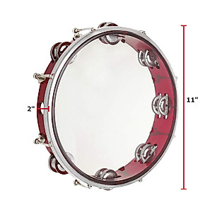 ENNBOM Tambourine Adjustable Tone Hand Drum Double Row Metal Jingles Hand Bell Performance Level Handheld Percussion (Red)