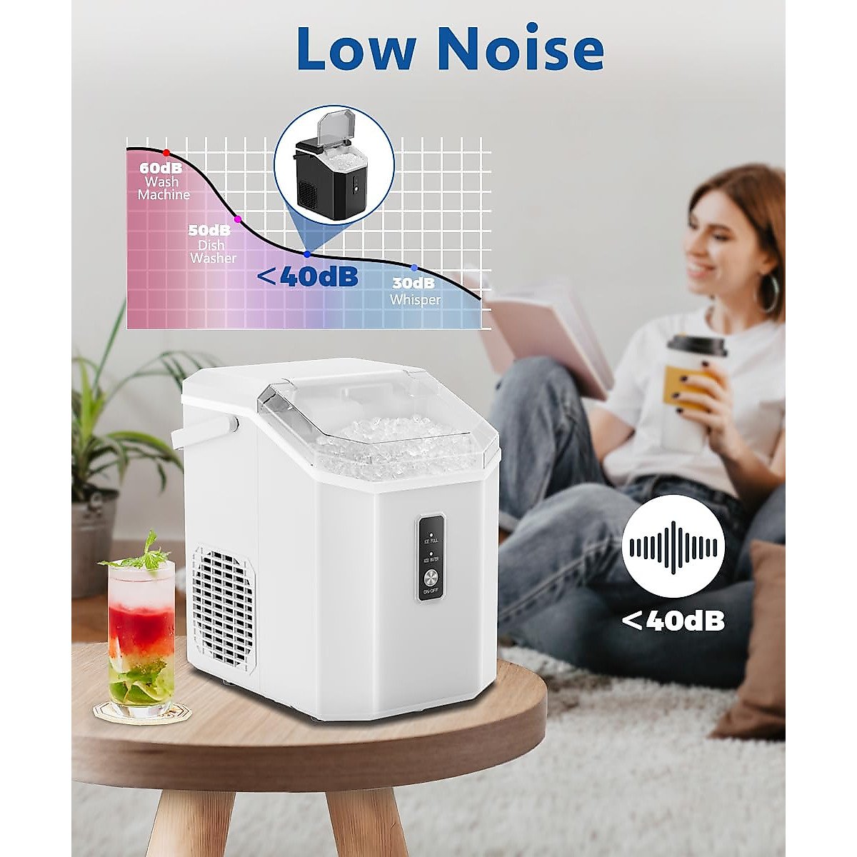 Joy Pebble Nugget Ice Maker, 10,000pcs/33lbs/Day, Portable Handheld Nugget Ice Maker Machine with Handle, Ice Makers Countertop Self-Cleaning, Ice Scoop and Basket, for Home/Office/Party, White