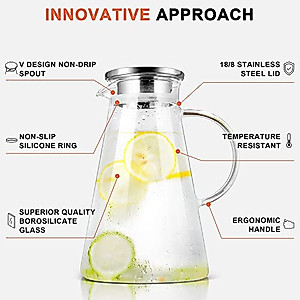 SUSTEAS 2.0 Liter 68oz Glass Pitcher with Lid, Easy Clean Heat Resistant Glass Water Carafe with Handle for Hot/Cold Beverages - Water, Cold Brew, Iced Tea & Juice, 1 Free Long-Handled Brush Included