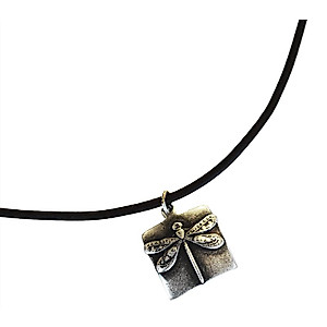 Elaine Coyne Collectible Artwear Antique Silver Brass Classic Dragonfly Pendant on Black Rawhide