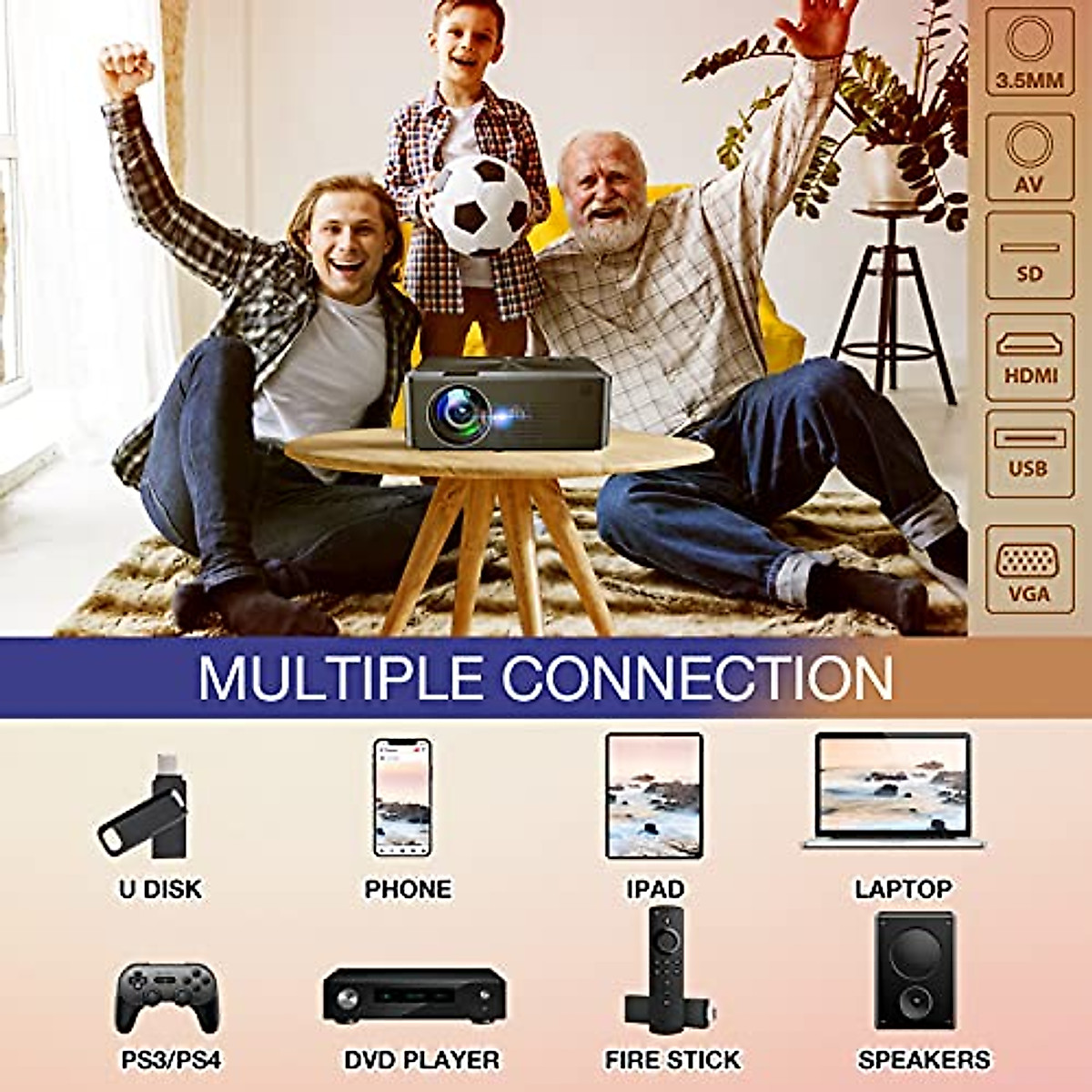 XIAOYA Outdoor Projector, HD Movie Projector Support 1080P, 4000 Lumens Home Theater Projector with HiFi Speaker, Compatible with HDMI, Fire Stick, USB(Black-w2)