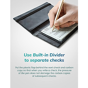 Yarnic Checkbook Cover for Personal Checkbook, Checkbook Holder with Pen Holder & Built-in Clear Plastic Divider for Duplicate Checks (Black & Rose Gold)