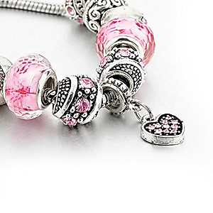 Long Way Silver Tone Chain Pink Crystal Love Heart Bead Glass Charm Bracelet With Extender 7.5"+1.5" … (201)