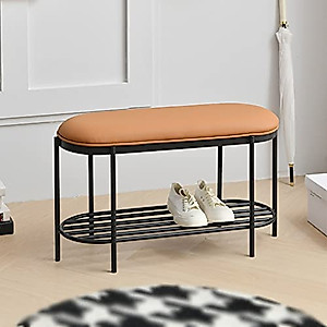 Shoe Rack Shoe Shelf Stackable Shoe Rack Shoe Entryway Bench, Wrought Iron 2-Tier Shoe Storage Organizer with Leather Cushion Seat for Entryway Hallway Living Room Bedroom Shoe Bench Stackable Shoes