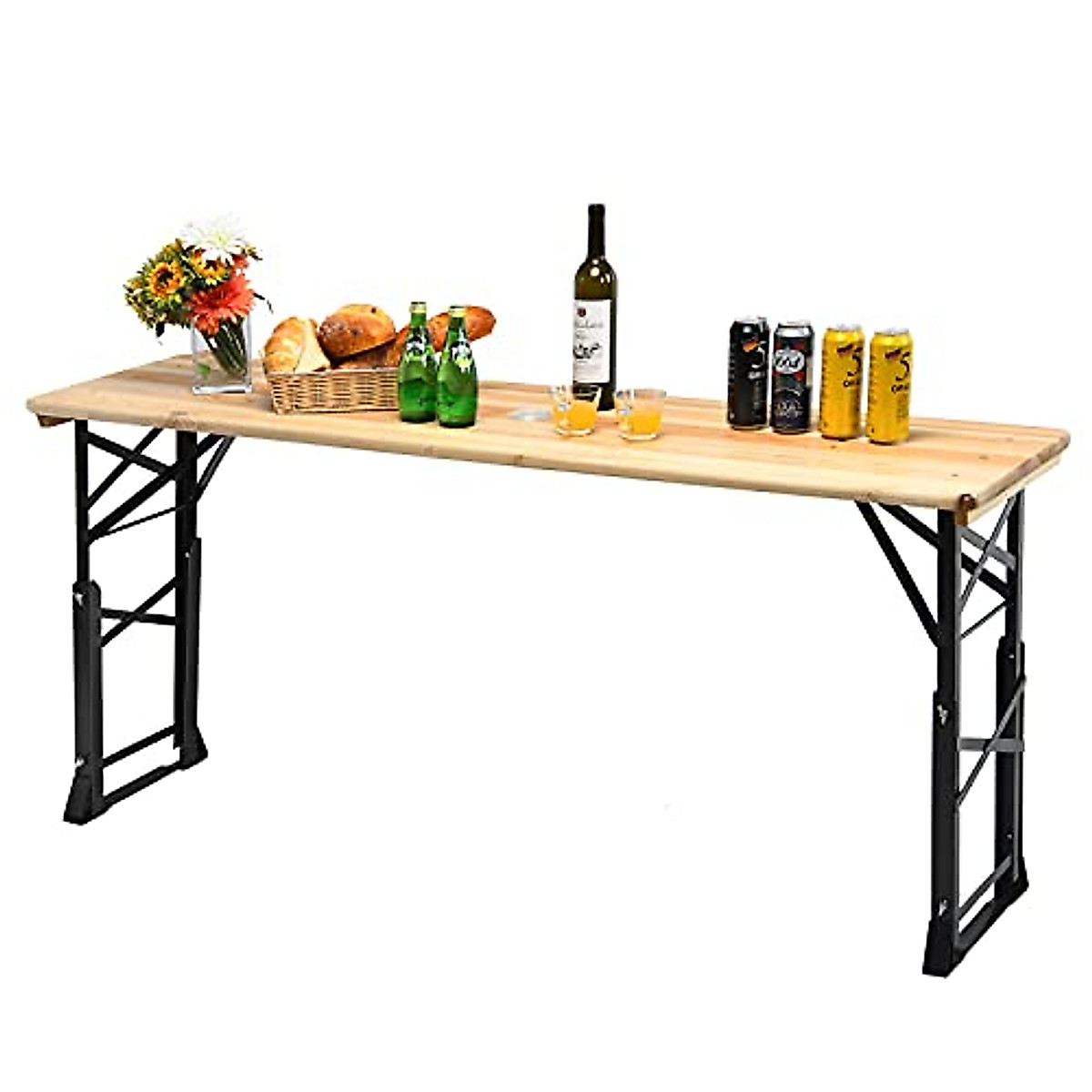 Giantex Folding Picnic Table, Wood Outdoor Table with Umbrella Hole, Adjustable Metal Legs, Patio Bistro Table for Garden Party Backyard, Rectangular Camping Table No Assembly