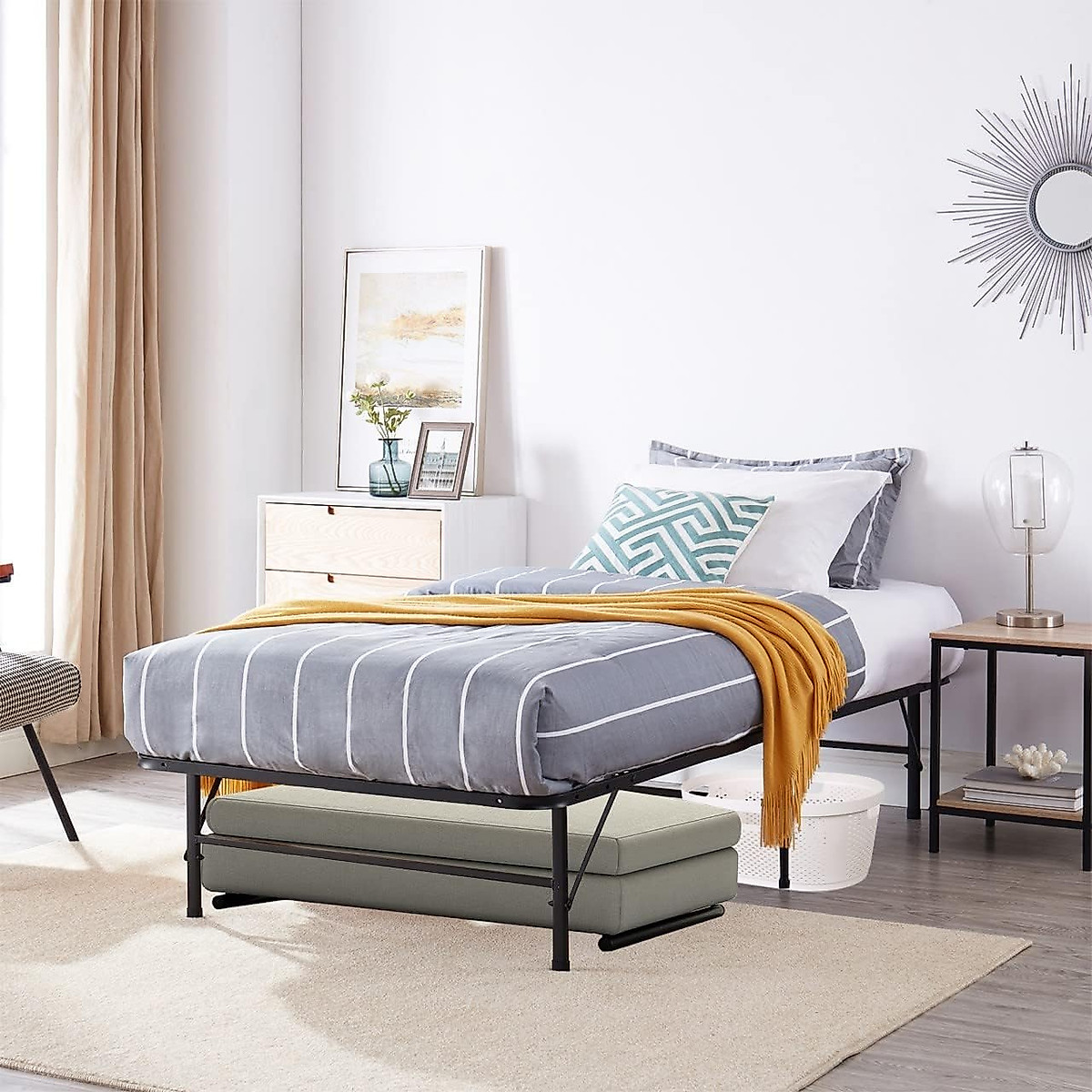 IdealBase 14" Twin Bed Frame Heavy Duty Foldable Bed Frame Folding Bed Frame with Steel Metal Slats Mattress Foundation Box Spring Replacement 600lbs Capacity Platform Bed Twin Bed Frame Size, Black