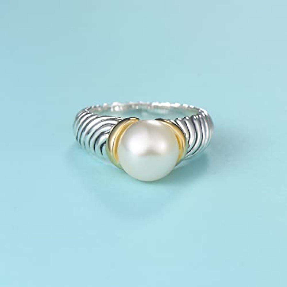 UNY JEWEL Designer Inspired Two Tone Twisted Cable Wire Ring 10mm Cream White Imitation Pearl Women Statement Dupes Jewelry(Cream Size 9)