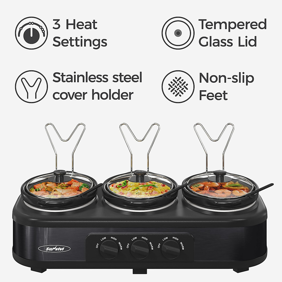Sunvivi Triple Slow Cooker Buffet Servers and Warmer,3 Pot Food Small Mini Manual Slow Cooker with Adjustable Temp Stainless Steel Lid Rests,Removable Ceramic Pot,4.5 QT Black