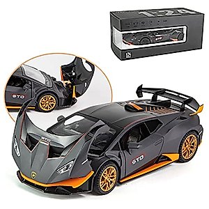 1:24 Alloy Diecast Car Model for Lamborghini Huracan STO 2021 Toy Car, Pull Back Vehicles Model Cars Toy for Kids 3 to 12 Years Old Gift Adult Collection Car Model with Sound & Light (Advanced Grey)