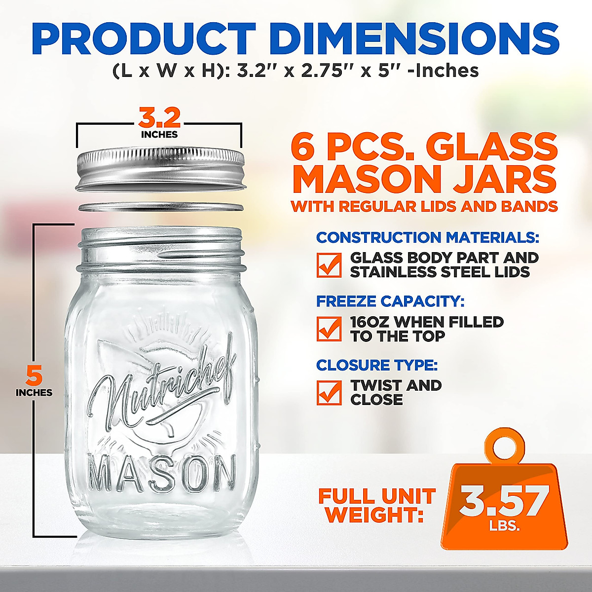 NutriChef 6-Pack 16 oz Mason Jars with Lids - Thick Glass Canning Jars with Stainless Steel Lids - Ideal for DIY Spices, Meal Prep, Overnight Oats, Jelly, Jam, Honey, Candles, Crafts, & More