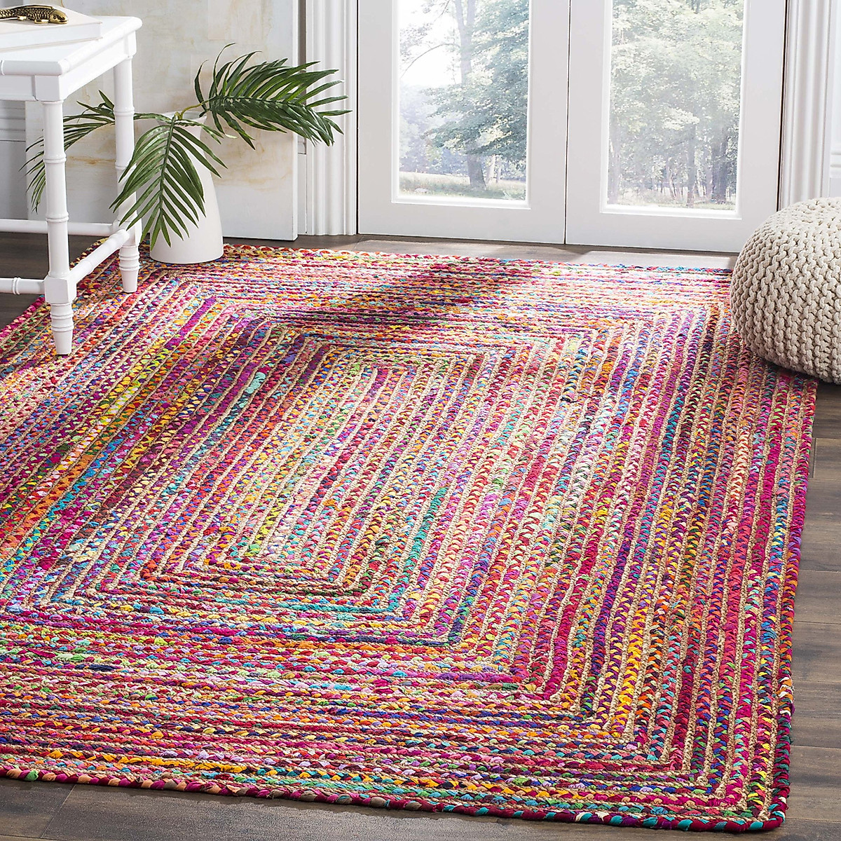 SAFAVIEH Cape Cod Collection 4' Square Red / Multi CAP202A Handmade Boho Braided Jute & Cotton Area Rug