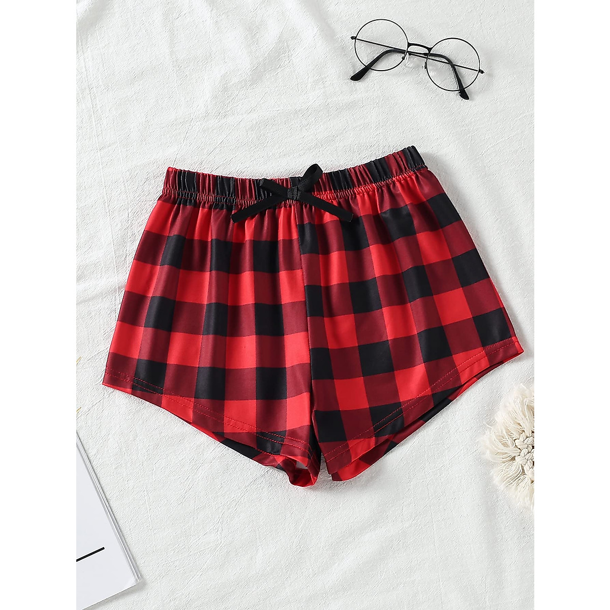 Verdusa Girl's 3pack Plaid Print Elastic Waist Casual Shorts Red White Black 160