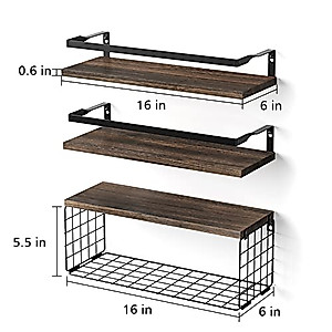 Floating Shelves Wall Mounted Set of 3, Rustic Wood Wall Shelves for Wall Decor Bathroom Shelves Over Toilet with Paper Storage Basket for Home Decor, Laundry Room Storage Shelves (Carbonized Brown)