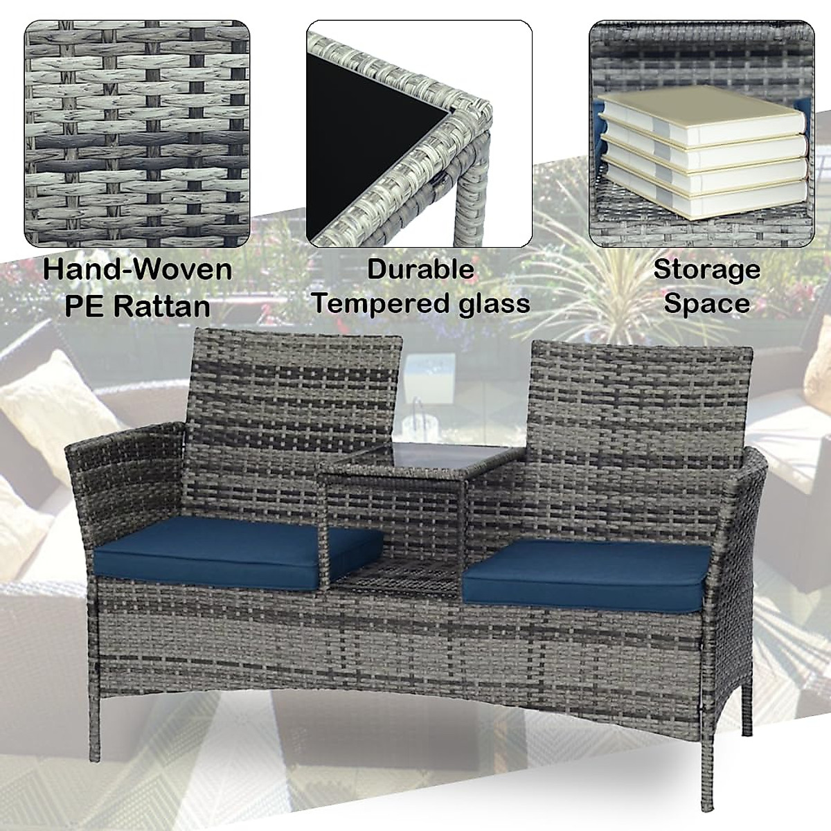 Outdoor Patio Rattan Loveseat with Cushions and Integrated Coffee Table - Weather Resistant 2 Seat Perfect for Garden, Lawn, and Backyard Leisure(Grey-Blue)