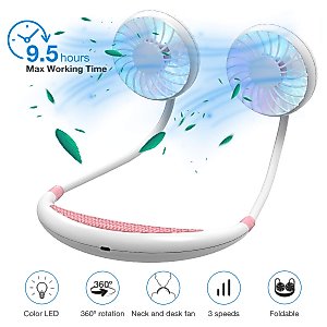 GIM Portable Hanging Neck Fan, 2000mah 3.5-9.5 Hours USB Rechargeable Personal Fan with 3 Level Air Flow 7 LED lights for Home, Office, Travel,Indoor, Outdoor (White&Pink)