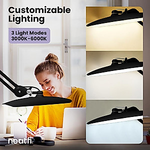 Neatfi XL 2,200 Lumens LED Task Lamp, 24W, 117 Pcs SMD LED, Dimmable, 4 Level Brightness, 3 Light Modes, Desk Light for Home, Office, Workbench (CCT, Black)
